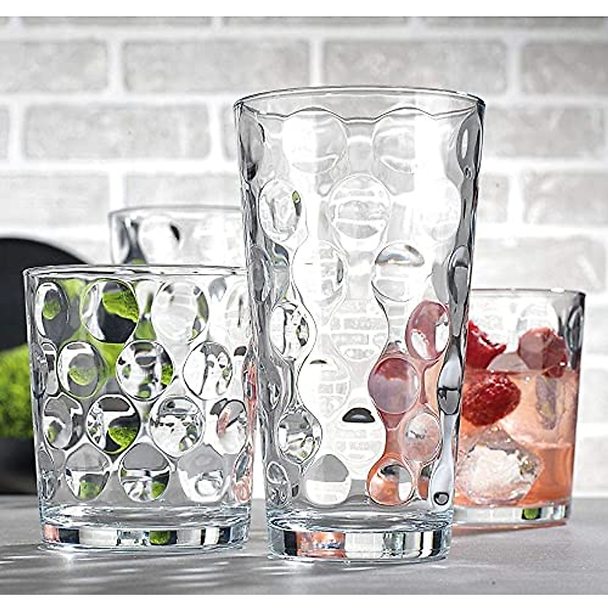 Attractive Durable Drinking Glasses, Set of 16 Clear Glass Cups, 8 Highball Glasses (16oz) 8 Rocks Glasses (13oz), Bubble Design Glassware Set for Water, Juice, Beer, Wine, and Cocktails