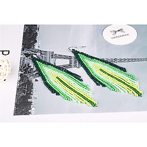 Luluping Long Beaded Dangle Earrings – Boho Native Handmade Seed Bead Tassel Earrings for Women, Bohemian Large Statement Beaded Drop Fringe Earrings (Green Beaded Earrings B)