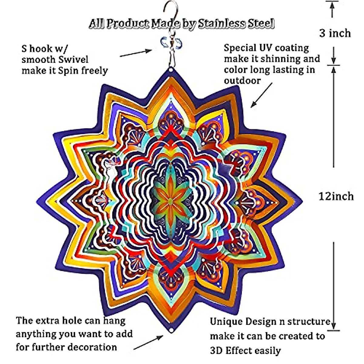 Fonmy Mandala Wind Spinner Lucky Star Worth Gift Indoor Outdoor Garden Decoration Crafts Ornaments 12 inch Multi Color Stainless Steel Wind Spinners