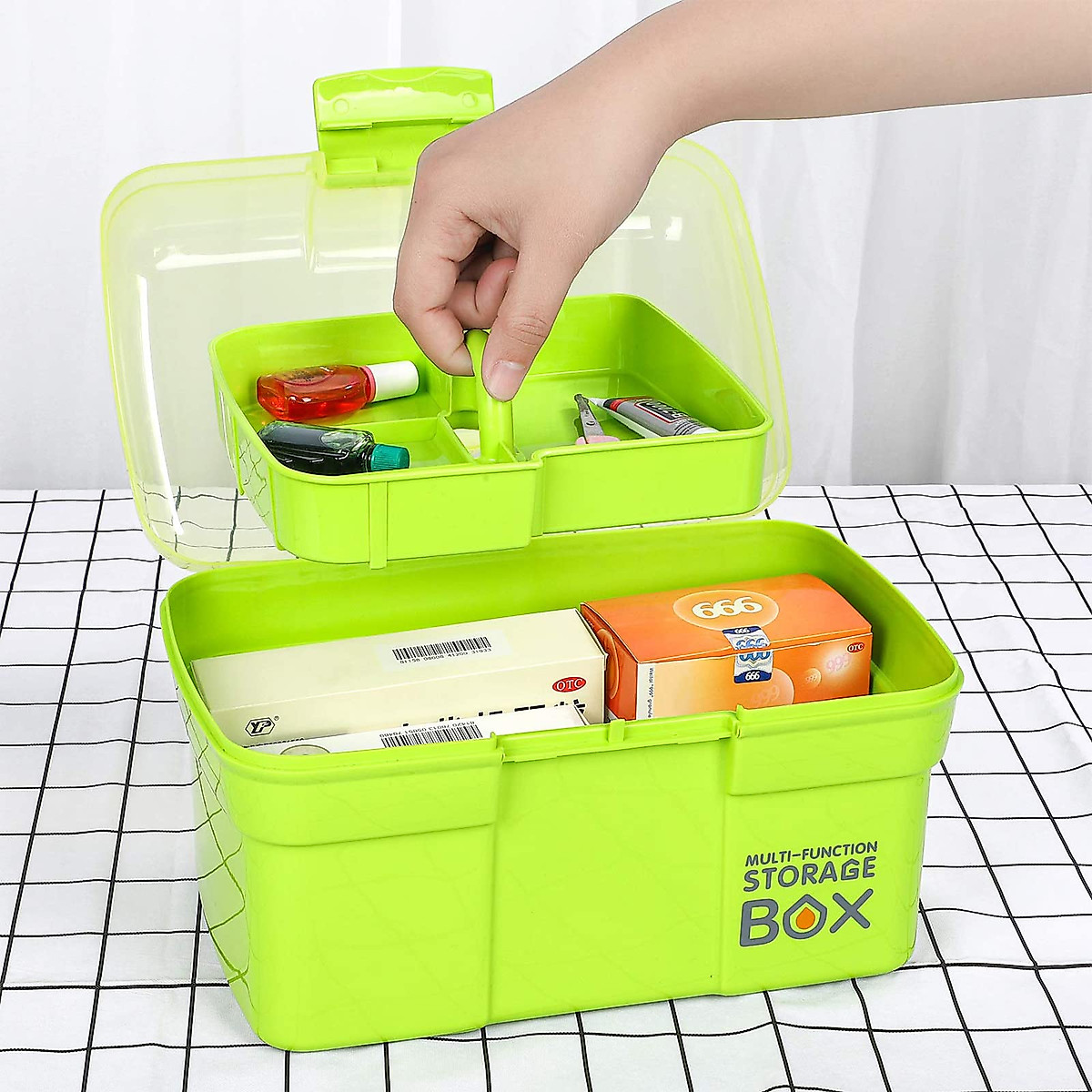 2 Packs 11” Plastic Storage Box Tool Box Sewing Box Organizer with Removable Tray, Multipurpose Portable Handled Storage Case for Art Craft and Cosmetic (Green) 