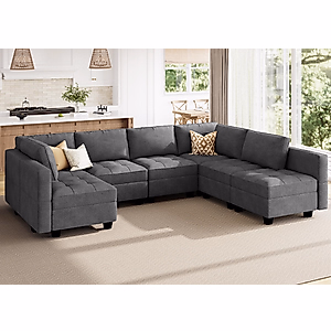 HONBAY Modular Sleeper Sectional Sofa Sectional Sleeper Couch with Storage Ottoman Reversible Modular Sofa for Living Room Dark Grey