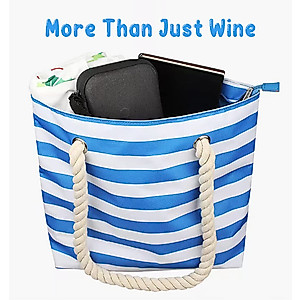 Famolay Beach Wine Tote Bag, Wine Cooler Bag Leakproof Insulated Purse Carrier with Spout Hidden Compartments, Holds 2 bottles of Wine for Travel, BYOB Restaurant, Party, Dinner