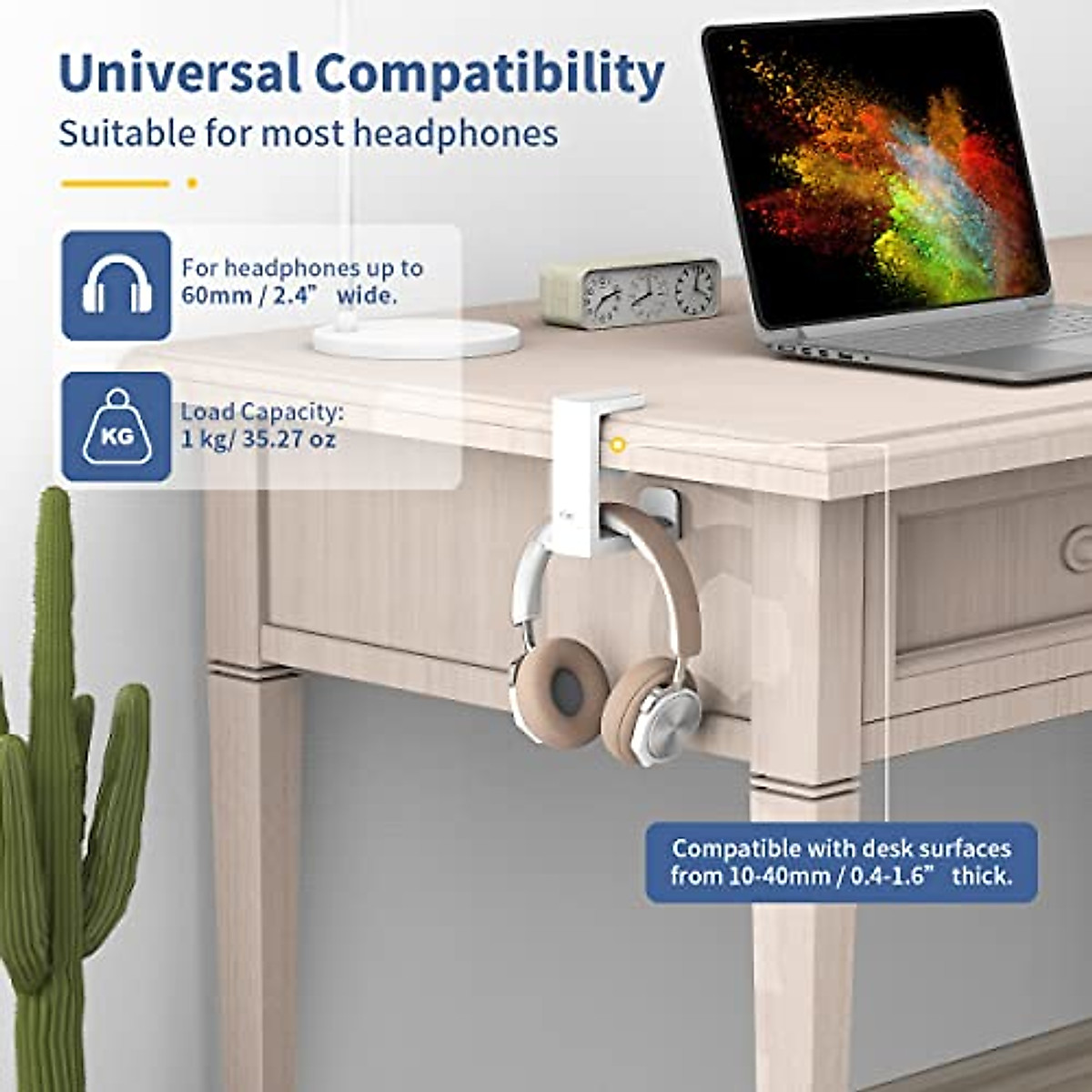 KIWIFOTOS Headphone Stand Holder Under Desk, PC Gaming Headset Hook Hanger Mount with 360 Adjustable Rotating Arm Clamp & Built in Cable Clip - White