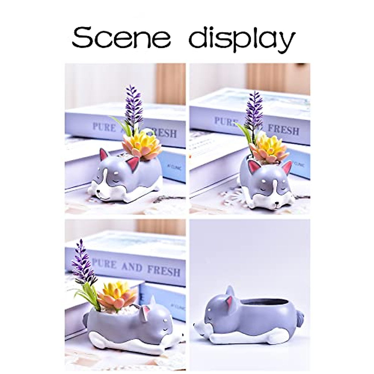 Cute Husky Puppy Flower Pot with Drainer Garden Flower Pot Resin Succulent Potted Bonsai Plant Stand Home Desk Mini Ornaments Balcony Gardening Flower Pot Does Not Contain Plants