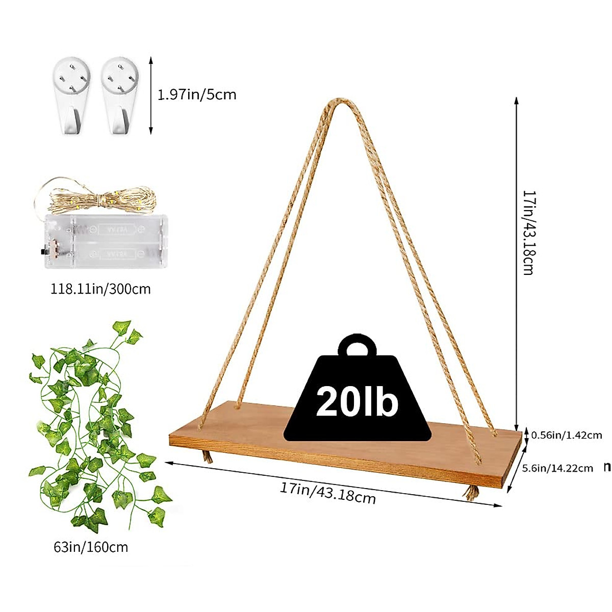 CLQ Artificial Ivy LED-Strip Wall Hanging Shelves, Hanging Plant Shelf, Macrame Wall Hanging Shelf for Bedroom Bathroom Living Room Kitchen, Wood Hanging Plant Shelves for Wall Decor