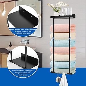 Filta Towel Rack with Shelf for Bathroom Wall Mounted,Retractable Height Metal Bath Towel Rack with Reliable Hooks Storage for Rolled Towel（Black）