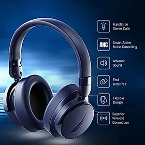 NAUTICA H400 Noise Cancelling (ANC) Bluetooth Headphones, On-Ear Wireless Headphones with Built-in Microphone Bluetooth v5.0 Wireless and Wired Stereo Headset, Deep Bass, Lightweight, Adjustable(NAVY)