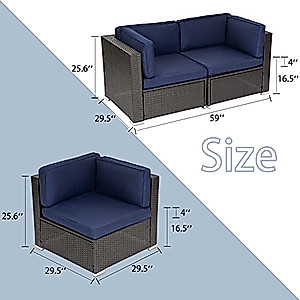 Patiomore 2 Pieces Outdoor Wicker Loveseat, Patio Rattan Sectional Furniture Corner Sofa Set All-Weather Black Brown Wicker with Removable Cushions for Balcony, Backyard, Garden (Dark Blue)