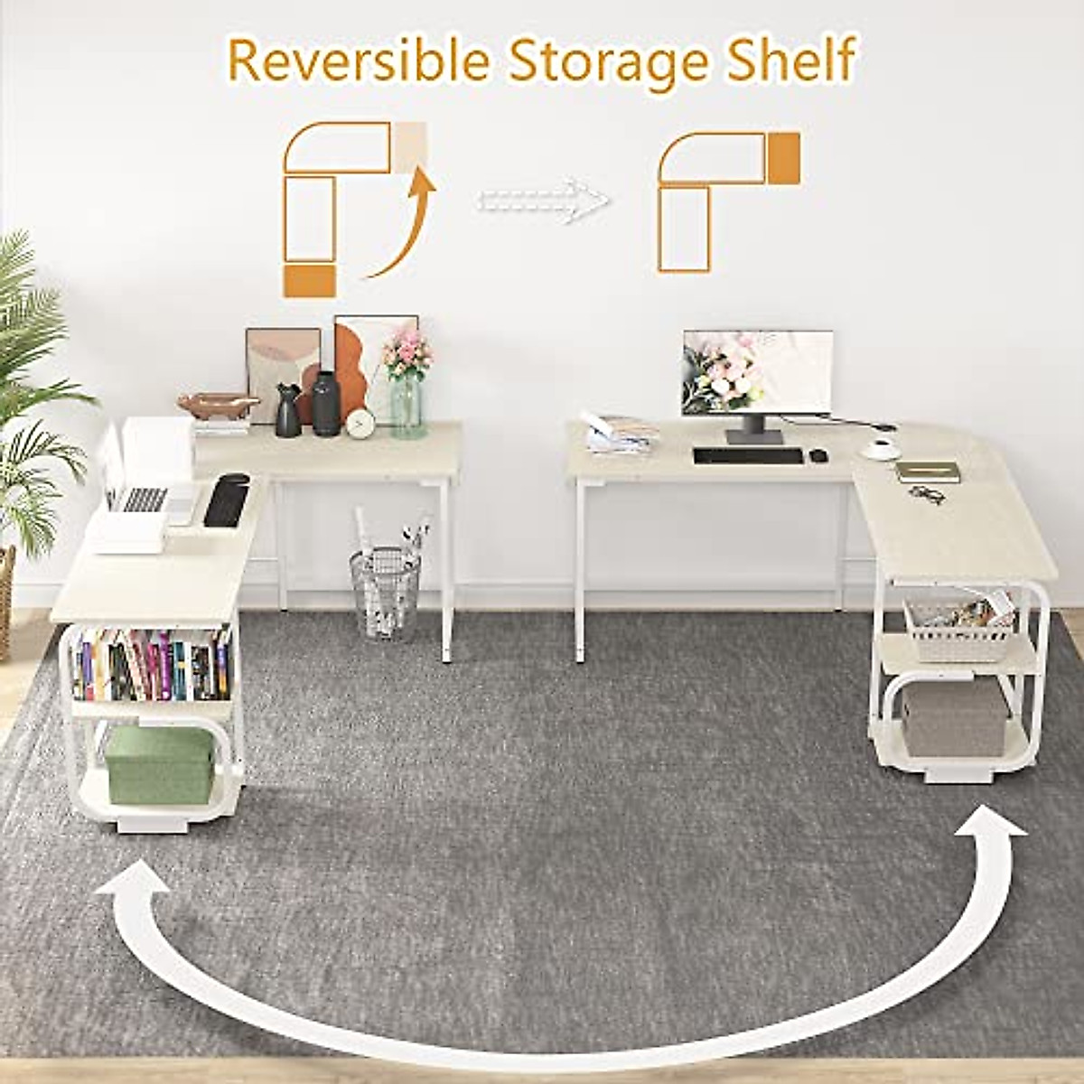 Merronix L Shaped Office Desk, Modern Reversible L Gaming Desk for Home Office, Spacious Desktop Corner Computer Desk, Beige