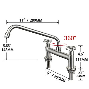 UMANYI Commercial Kitchen Faucet 8 Inch Center Stainless Steel Brushed Nickel Deck Mount Bridge Faucet 2 Hole 2 Handle Restaurant Laundry Utility Faucet, 11 Inch Spout SSKF10-3C