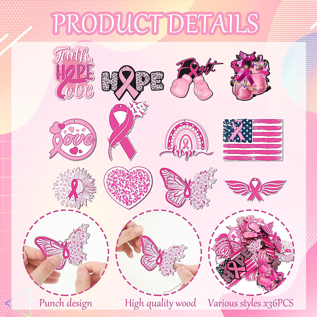 Sintuff 36 Pieces Breast Cancer Awareness Decorations Wooden Pink Ribbon Ornaments for Tree Pink Ribbon Party Hanging Decoration Wooden Pink Ribbon Decorations for Tree Breast Cancer Awareness Month