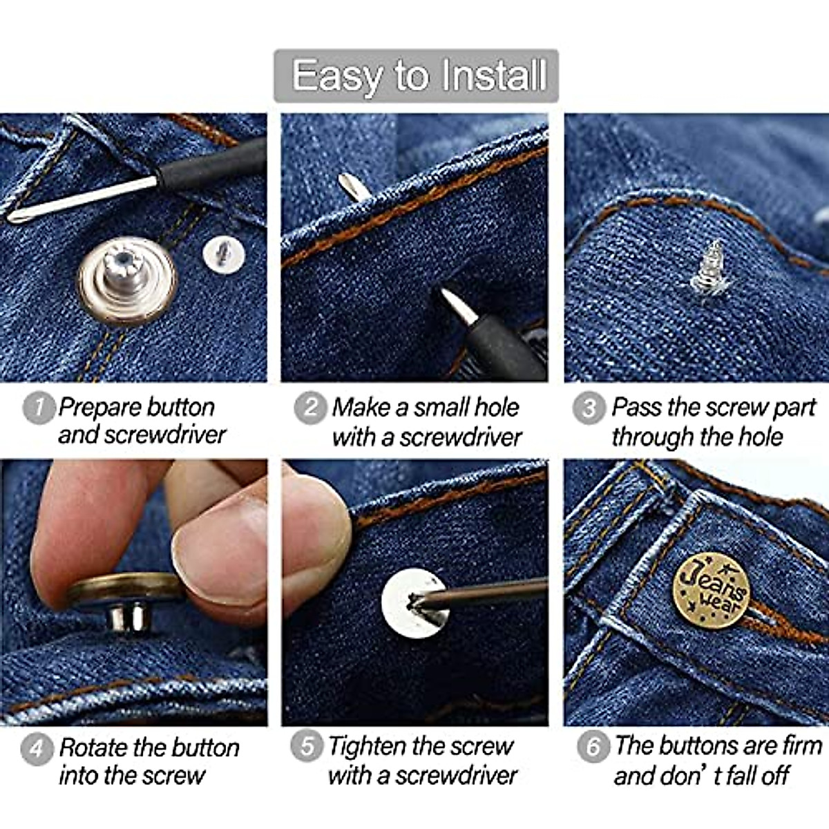 32 Sets Jeans Buttons Replacement, 17 mm and 20mm No-Sew Removable Metal Buttons Replacement Repair Combo Thread Rivets and Screwdrivers in Storage Box, Women and Men's Jeans Clothing Supplies