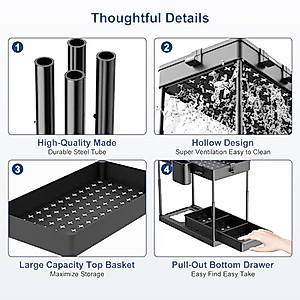 ESSBLIN Under Sink Organizer,1 Pack Height Adjustable Under Cabinet Storage for Bathroom Kitchen Cleaning Supplies with Hooks Hanging Cup,2 Tier Sturdy Large Capacity Pull Out Drawer Black