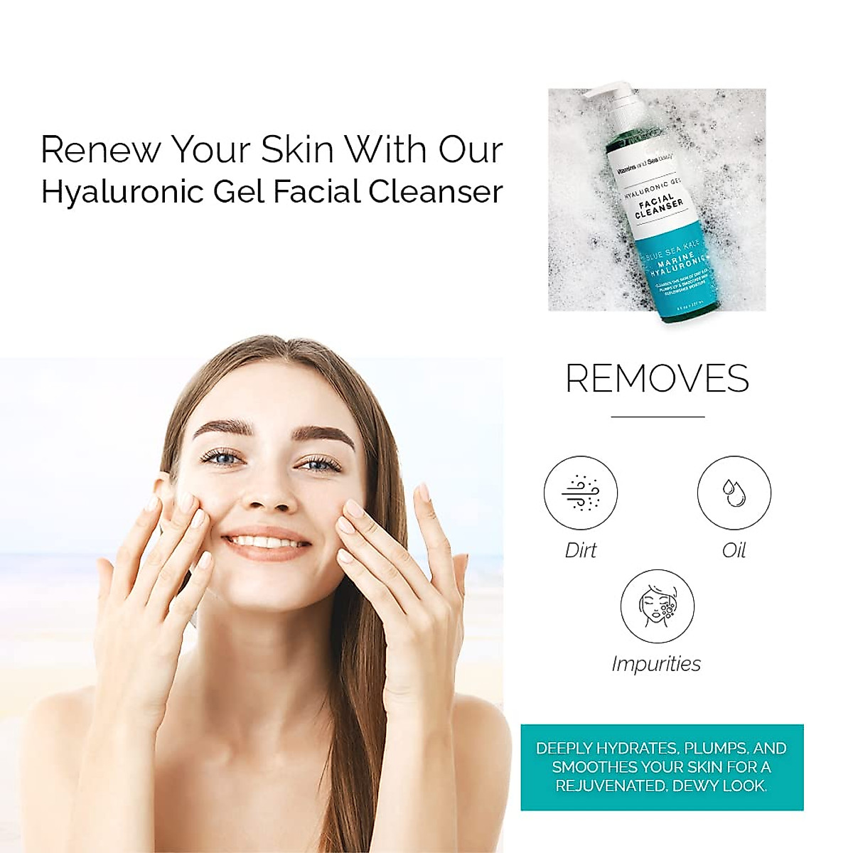 VITAMINS AND SEA BEAUTY, Gel Facial Cleanser, Gentle Hydrating Purifying Face Cleanser Wash with Blue Sea Kale and Marine Hyaluronic, All Skin Types, 8 Fl Oz