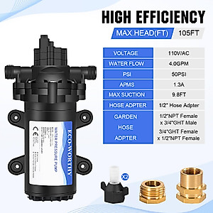 ECO-WORTHY 33-Series Industrial Water Pressure Pump 110V AC 4.0GPM 50PSI RV Fresh Water Diaphragm Pump include Garden Hose Adapters for Irrigation Marine Boat Sprinkler Faucet