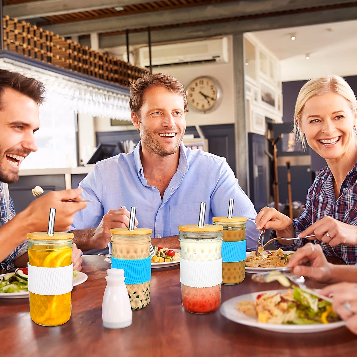 [ 4 Pack ] Glass Cups Set - 22oz Wide Mouth Mason Jar Drinking Glasses with Bamboo Lids & Straws & 4 Airtight Lids, Boba Cup Bubble Tea Cup, Smoothie Cups Tumbler for Pearl Milk Tea,Iced Coffee,Juice