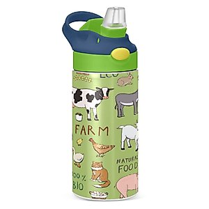 Kigai Farm Animals Kids Water Bottle, BPA-Free Vacuum Insulated Stainless Steel Water Bottle with Straw Lid Double Walled Leakproof Flask for Girls Boys Toddlers, 12Oz