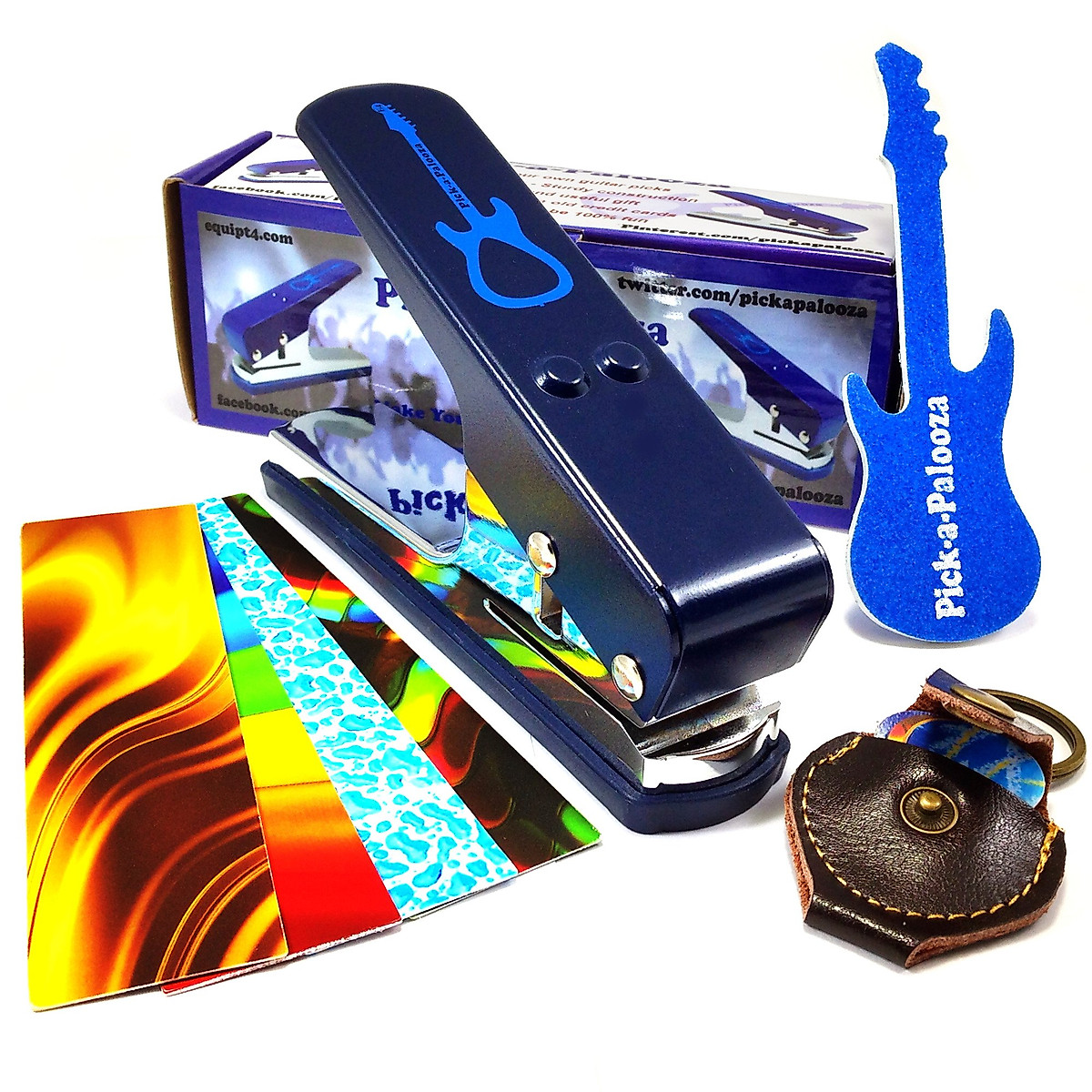Pick-a-Palooza DIY Guitar Pick Punch Gift Pack - the Premium Guitar Pick Maker - Includes Leather Key Chain Pick Holder, 4 Pick Strips and a Pick File - Blue