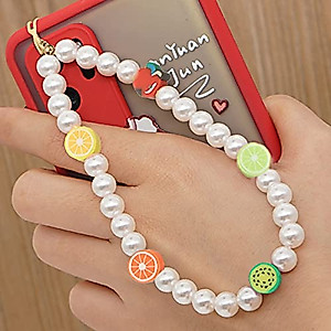 Taouzi 6PCS Beaded Phone Lanyard Wrist Strap Face Beaded Phone Charm Fruit Star Pearl Rainbow Color Beaded Phone Chain Strap for Women Girls