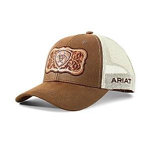 ARIAT Women's Trucker Cap with Leather Floral Patch and Snapback Closure (Brown)