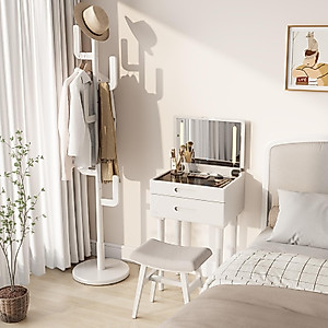 KASLANDI Solid Wood Vanity Desk with Plip Top Mirror & Lights, Small Makeup Vanity with Drawers, 3 Lighting Modes Adjustable Brightness, Vanity Table for Bedroom and Living Room（White