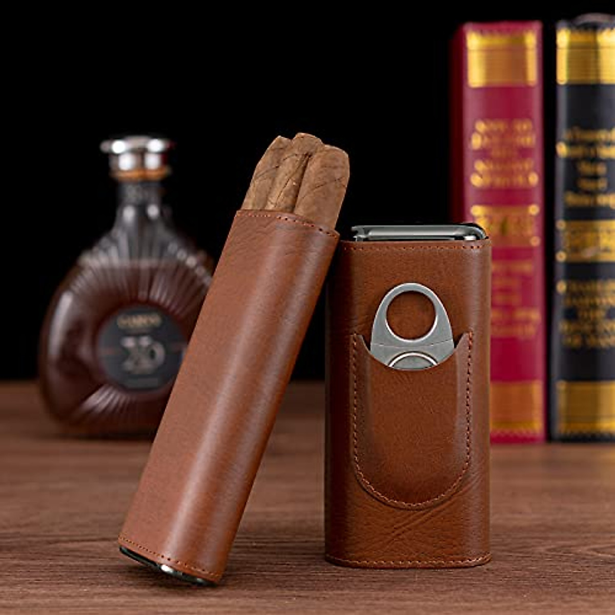 Oyydecor Cigar Case Cigar 3- Finger Carrying Case Set Cedar Wood Lined Leather, Cigar Humidor with Silver Stainless Steel Cutter (Brown)