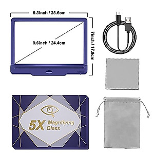Upgrade Page Magnifying Glass for Reading - 5X Rechargeable Large Lens Magnifier Full Page Rectangular Reading Magnifier 43 LED with Light for Book and Low Vision Person
