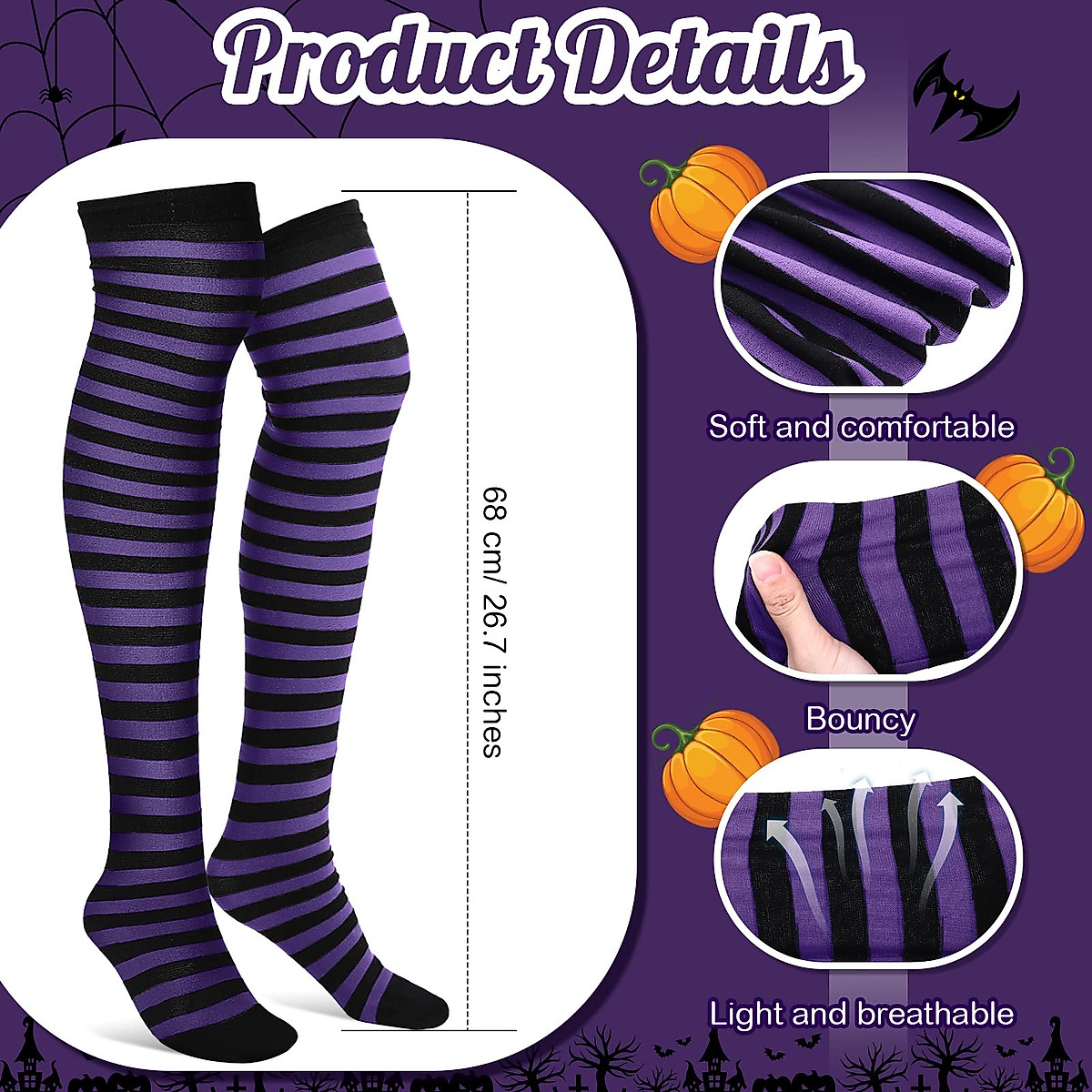 Vicenpal 3 Pcs Halloween Witch Accessories Black Witch Shoe Covers Socks Broomstick Witch Broom for Halloween Cosplay Costume (Purple)