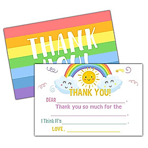 Keydaat Kids Fill in Thank You Card, Rainbow Colorful Birthday Party Thank You Notes for Boys Girls, 20 Cards With 20 Envelopes(A06)