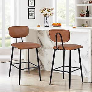 Nusetx Barstools Set of 2, 26 Inch Counter Height Bar Stool Mid-Century - Modern PU Leather Kitchen Island Height Chair with Back & Footrest, Tall Pub Stools for Bar/Counter Metal Legs (2 Pack, Brown)