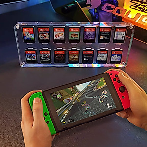 X-Richmen 14 in 1 Game Card Case for Nintendo Switch Acrylic Storage Box Transparent Display Cabinet of Switch Game Card Cartridge, Gift Box of Mario Mushroom Red and Blue Thumb Grip 2PCS