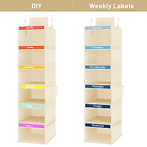 Fixwal 6-Shelf Weekly Hanging Closet Organizer for Kids, Kids Daily Clothes Organizers with 6 Side Pockets, Days of The Week Hanging Storage Shelves (Begie)