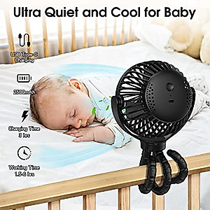 Baby Stroller Fan, Mini Portable Personal Handheld Fan,Clip on Fan with Flexible Tripod, USB Rechargeable Cooling Desk Fan for Travel, Car Seat, Camping, Bedroom(Black)