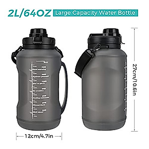 Augot Collapsible Water Bottle, 2L/64OZ Large Capacity Water Bottle with Straw Half Gallon Silicone Foldable Water Bottle with Carrying Strap & Time Markings for Outdoor Travel Runing Fitness (Black)