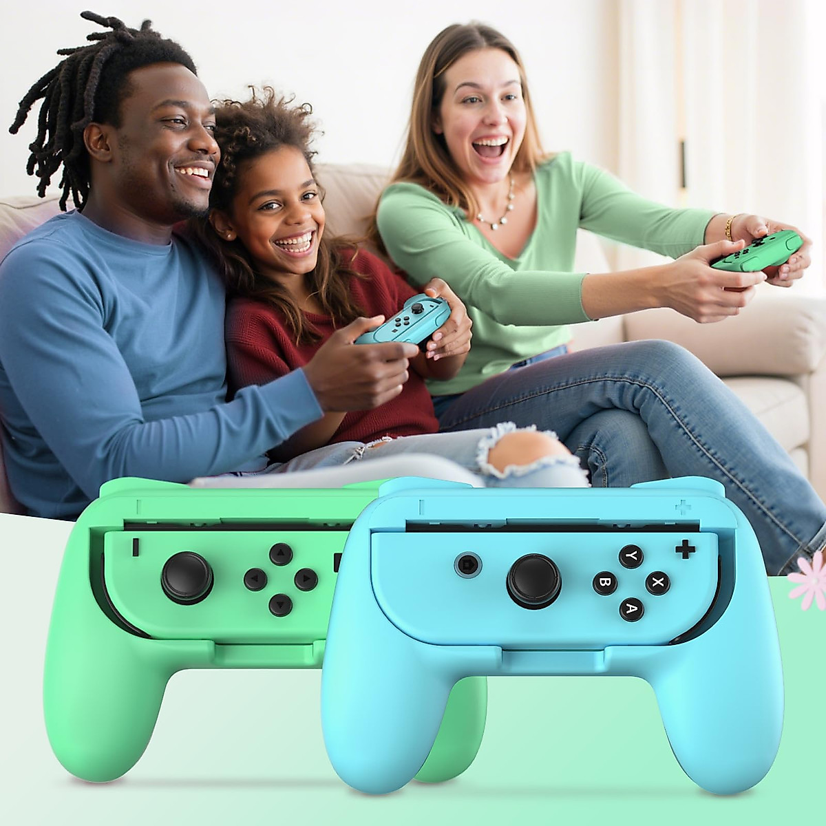 FASTSNAIL Grips Compatible with Nintendo Switch for Joy Con & OLED Model for Joycon, Wear-resistant Handle Kit Compatible with Joy Cons Controllers, 2 Pack(Light Green and Light Blue)
