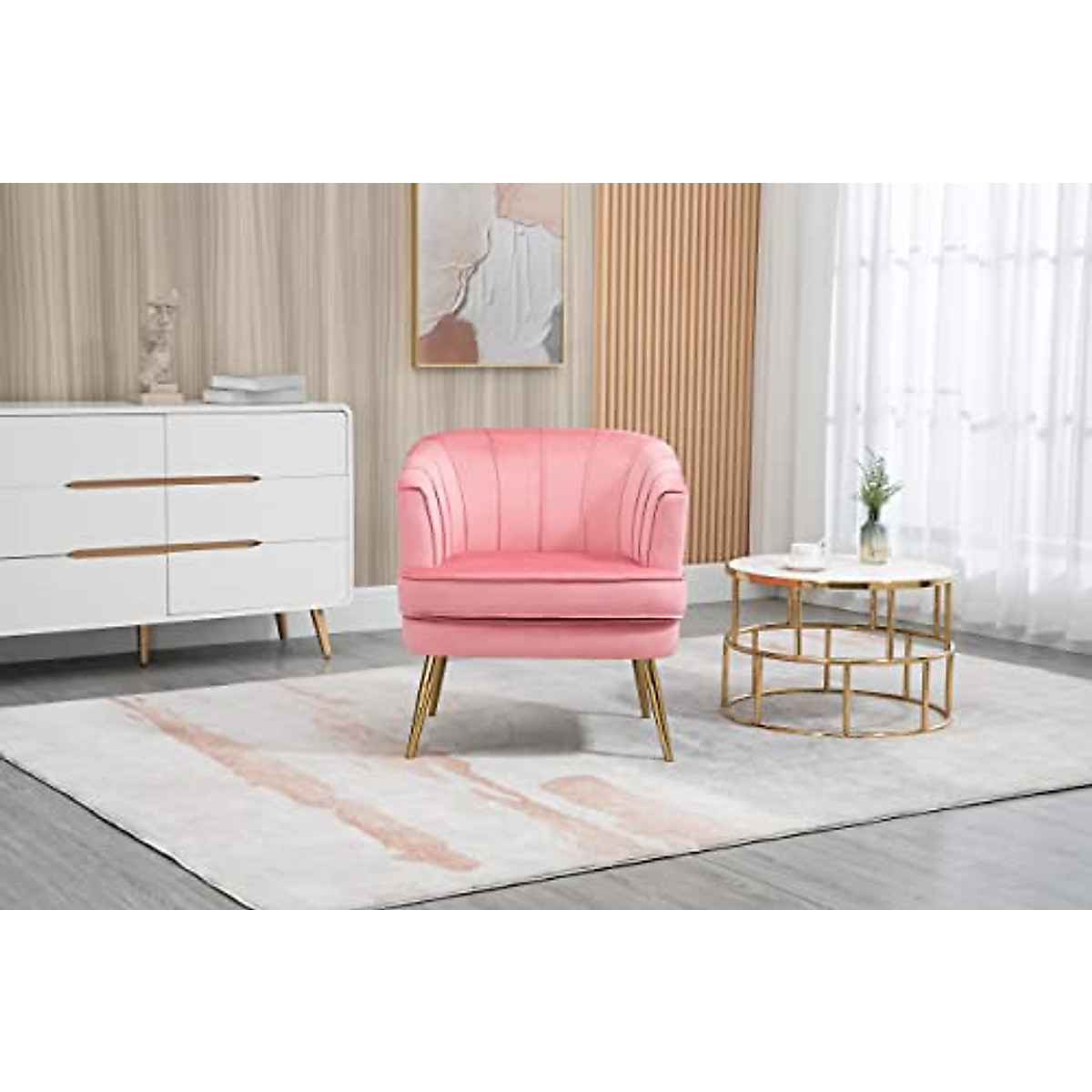 ZOBIDO Modern Accent Velvet Chairs Comfy Upholstered Vanity Chairs for Bedroom Armchair Dining Chairs with Golden Metal Legs Desk Chair Single Person sofafor Living Room(Peach Pink)