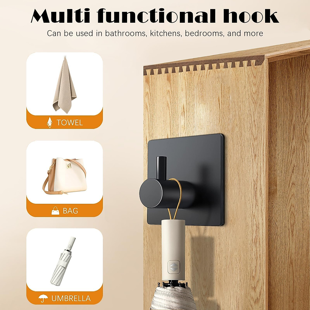 Thaijoy Adhesive Hooks - 4 Pack，Heavy Duty Waterproof Towel Hooks，SUS304 Stainless Steel Adhesive Coat Hooks，for Bathroom, Kitchen, Office, School Black Shower Hook Hanger