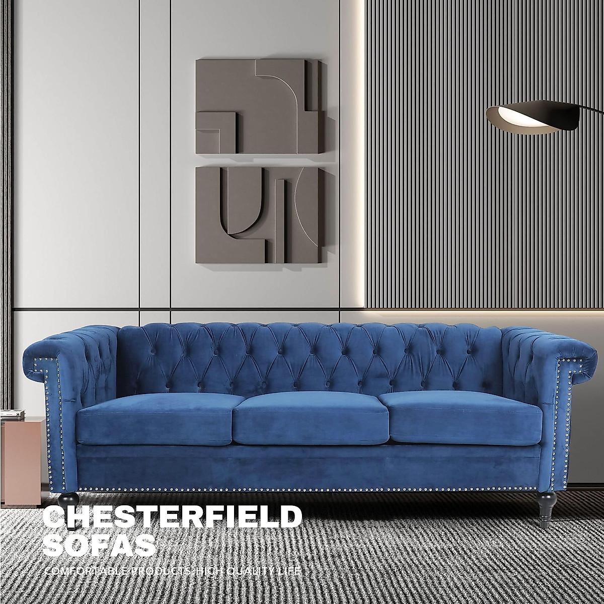 KUVENQIW Modern Chesterfield Sofa Fabric Couch.Button Tufted Nailhead upholstered Three-Seater Sofa for Living Room, Bedroom, Office Lounge.Comfortable and Durable.(Blue)