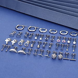 FASACCO 21Pairs Stainless Steel Earrings Silver Hoop Stud Earrings Sets for Multiple Piercing Small Tiny Stud Earrings Small Huggie Hoop Earrings