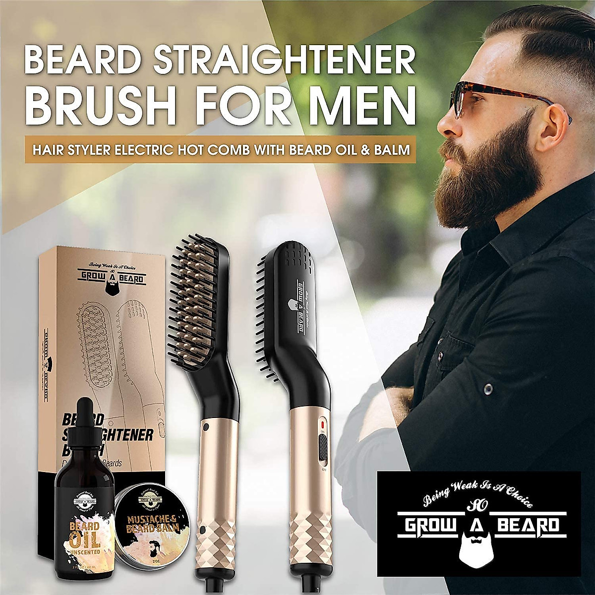Beard Straightener for Men, Plus Beard Growth Oil & Beard Balm Conditioner, Upgraded Ionic Beard Straightening Comb, Heated Hair Brush, Perfect Christmas Gifts for Men, Beard Guide E-Book Included