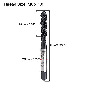 uxcell M6 x 1.0 Spiral Flute Thread Tap, Metric Machine Threading Tap HSS Nitriding Coated, Round Shank with Square End, H2 Tolerance, 2pcs