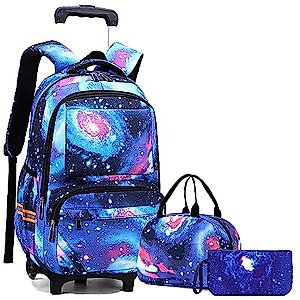 Egchescebo 18" School Kids Rolling Backpack for Girls With Wheels Trolley Wheeled Backpacks for Girls Students Travel Bags Adults Backpack With Lunch Box Pencil Bag 3PCS Dark Blue