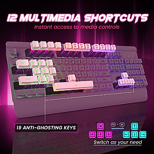 Pink Creamy Keyboard, 104 Keys All-Metal Panel, Rainbow LED Backlit Silent Gaming Keyboard, Wrist Rest, PBT Keycap, Anti-ghosting Keys, Light Up USB Wired Computer Keyboard for PC