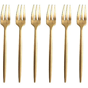 BRIIEC Gold 18/10 Stainles Steel Cake Forks Set 3 Tines Fruit Salad Fork, Slim Cutlery for Kitchen Hotel Restaurant Wedding Party, Matte Finish, Dishwasher Safe, Pack of 6