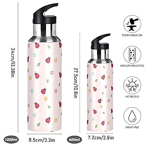 Ladybugs-flower-pattern Insulated Water Bottle with Straw, Stainless Steel Sports Water Bottles, Double Wall Vacuum, Leakproof, BPA-Free 20 oz
