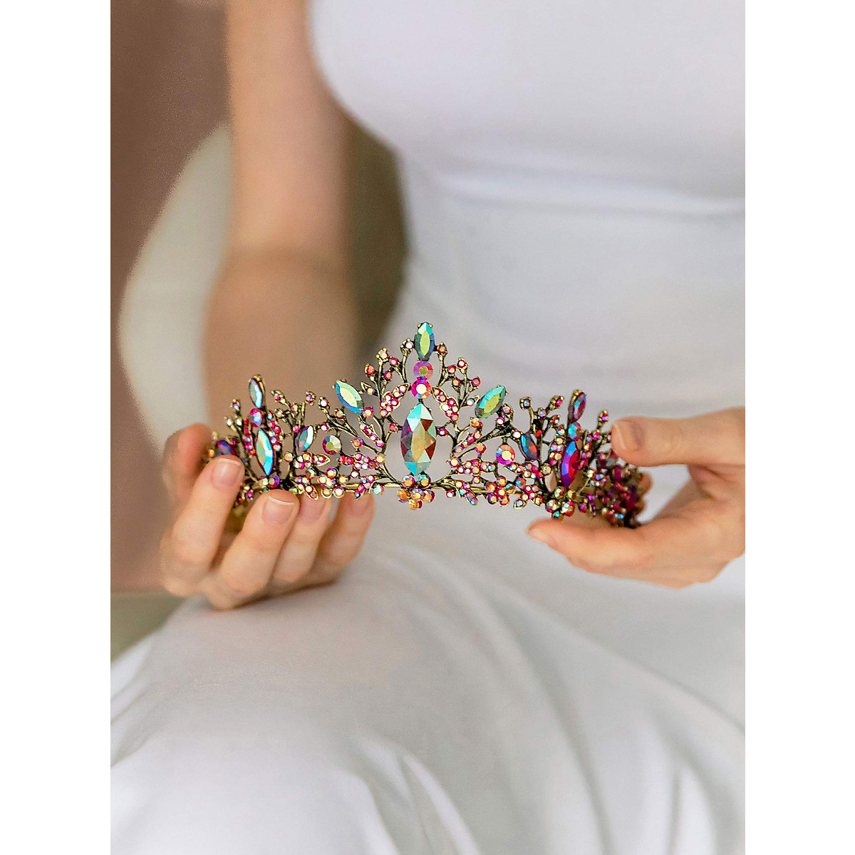 SWEETV Tiaras and Crowns for Women, Iridescent Crystal Queen Crown, Multicolored Wedding Tiara for Bride, Metal Birthday Quinceanera Pageant Prom Headpieces,Gabriella