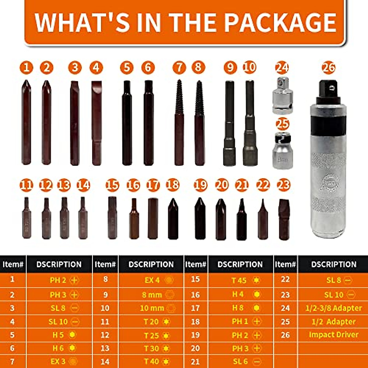 AKM Hand Manual Reversible Impact Driver Set Extractor-26 PCS Impact Screwdriver S2 Steel Hex Phillips Slotted Screwdriver Bits Much More Durable Disengage Rusted Fasteners or Frozen Bolts