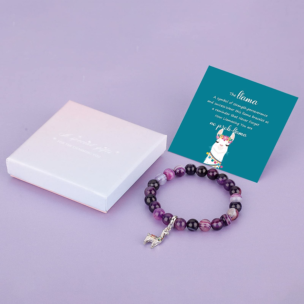 Llama Gifts for Women No Prob-Llama Bracelet,Purple Agate Beads Llama Charm,Llama Birthday Gift Alpaca Gifts for Llama Lovers (Purple llama gift)