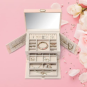 Vlando Jewelry Box Organzier Large Jewelry Boxes, PU Leather Jewelry Storage with Mirror Earrings Necklaces Bracelet Rings Box for Women Christmas Thanksgiving Gift (Pink, classic style)