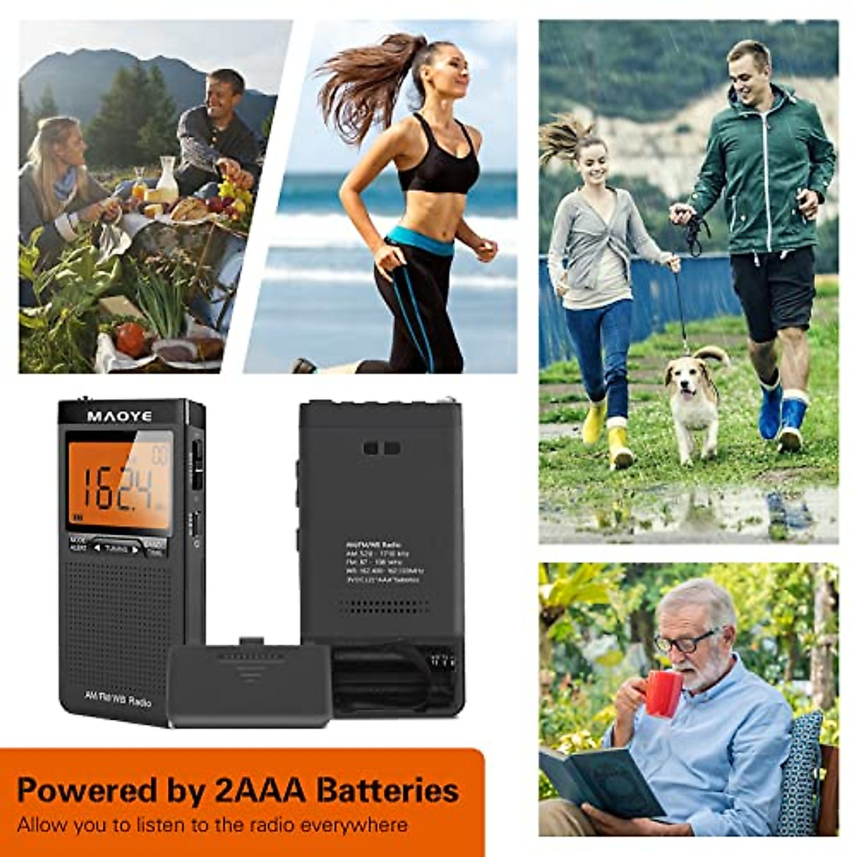 Maoye AM/FM Weather Alert Radio Portable Transistor NOAA Radio with Best Reception Operated by 2 AAA Batteries Big Digital Screen Stereo Earphone Jack Time Setting Pocket Radio (Black)